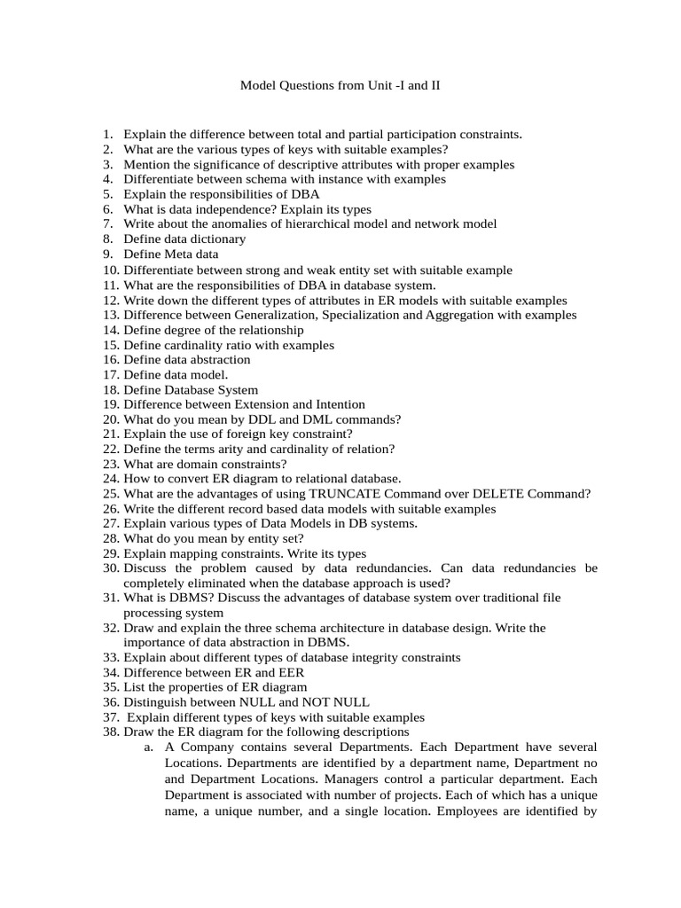 DBE Model Questions From Unit 1 and 2-1 | PDF | Data Model | Databases