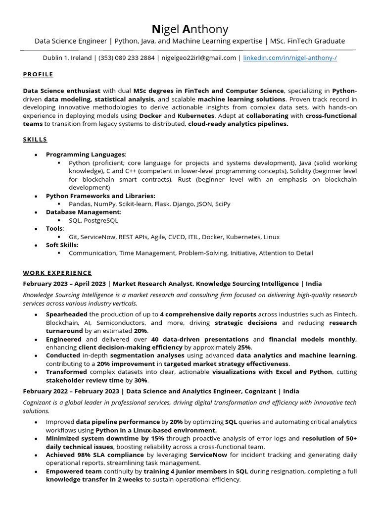 Nigel_Anthony_Resume_DataScience | PDF | Machine Learning | Analytics