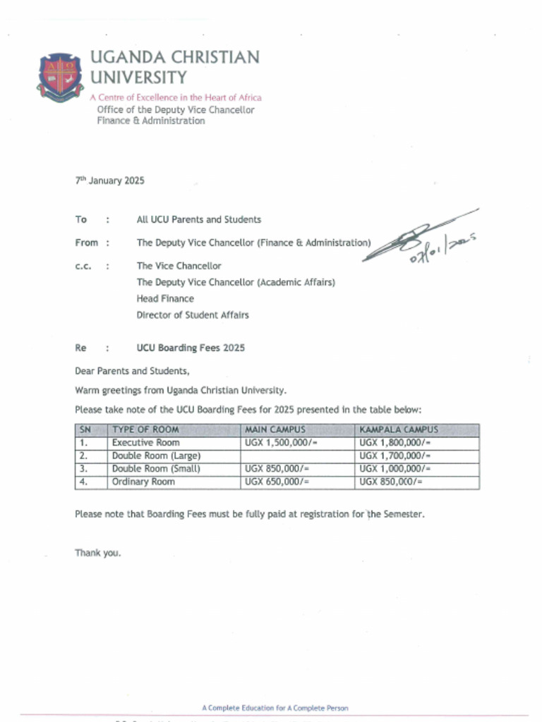 UCU Boarding Fees 2025 | PDF