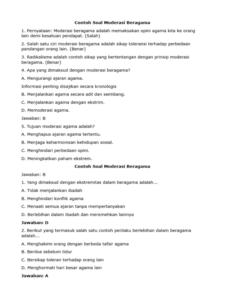 Contoh Soal Moderasi Beragama | PDF