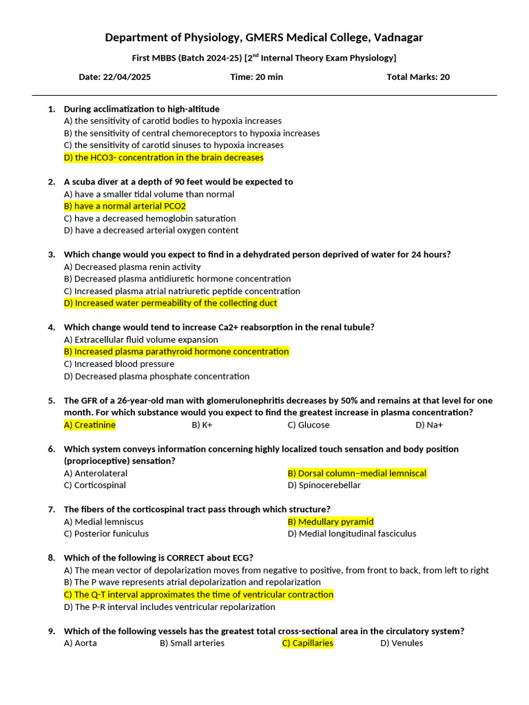 2nd Internal MCQ_Answer_Key | PDF | Heart | Thyroid Stimulating Hormone