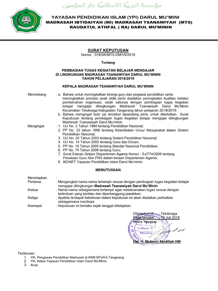 SK Pembagian Tugas 2018 | PDF