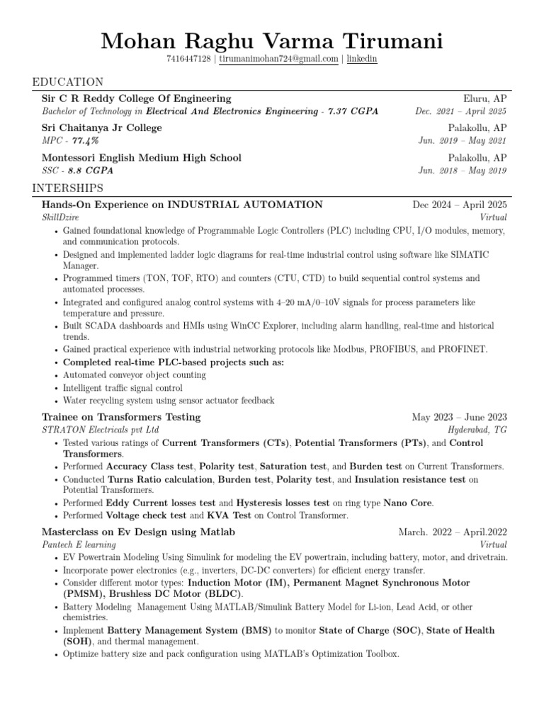 Mohan S Resume 250418 164929 | PDF | Electrical Network | Programmable Logic Controller