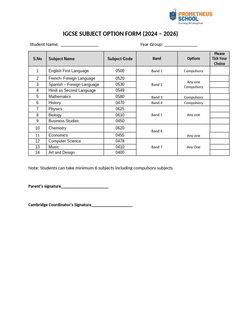 IGCSE Subject Choice Form (2024-25) | PDF