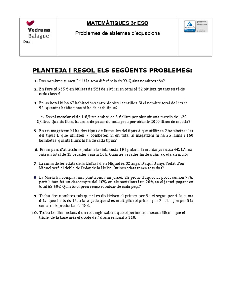 Problemes de Sistemes Lineals | PDF