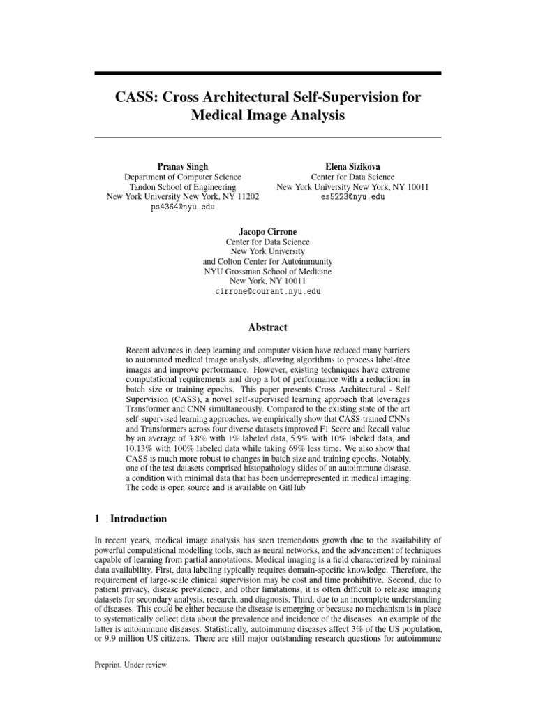 CASS Cross Architectural Self-Supervision For Medical Image Analysis | PDF | Computational ...