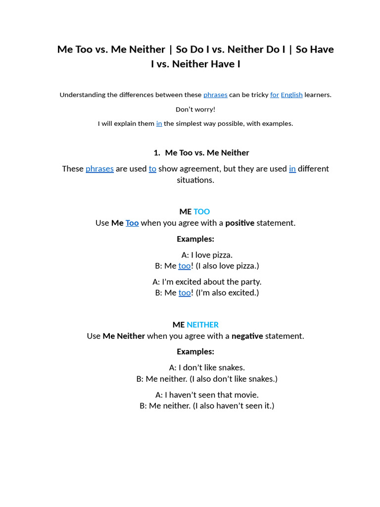 Me Too vs. Me Neither So Do I vs. Neither Do I So Have I vs. Neither ...