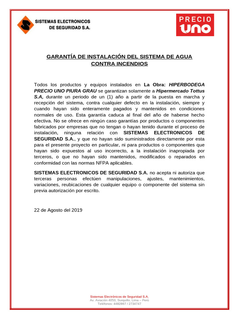 Garantía Instalación Sistema Agua Incendios | PDF