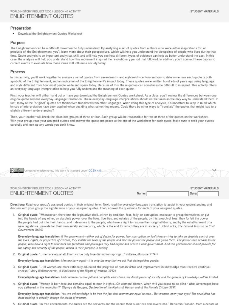 WHP1200 416 Activity Enlightenment Quotes Student | PDF | Age Of ...