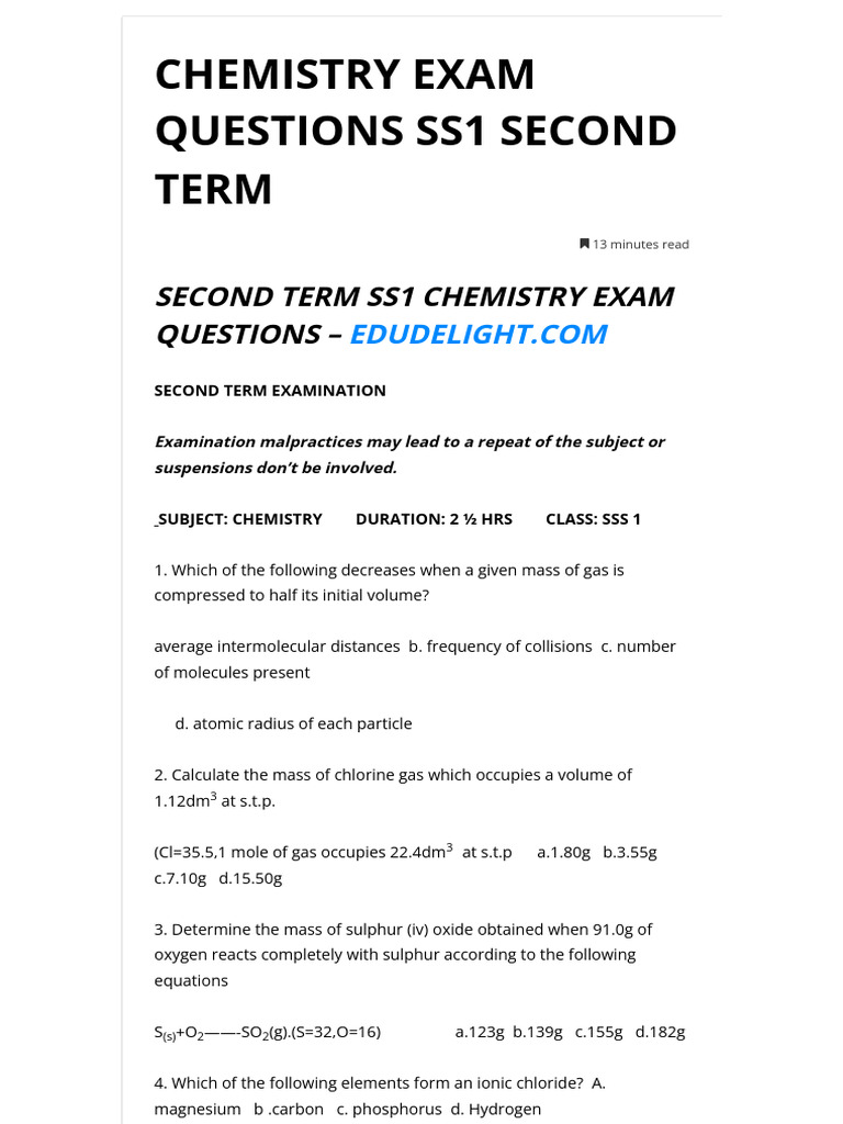 Second Term Ss1 Chemistry Exam Questions | PDF | Chemical Bond ...