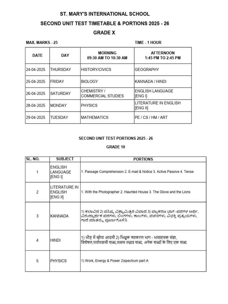 Grade 10 Unit Test Timetable 2025-26 | PDF