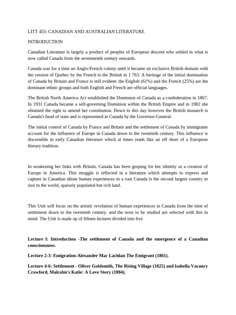 Canadian Literature: Identity and Settlement | PDF | Canada | British ...