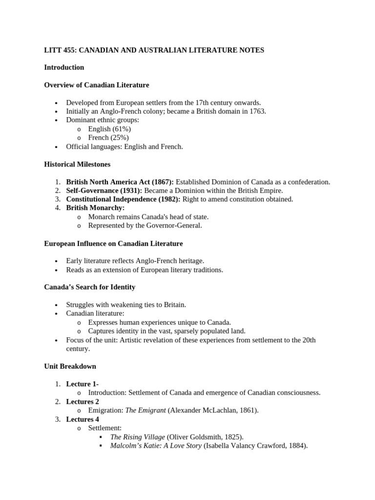 Canadian Literature Notes in Point Form | PDF | Australian Literature ...