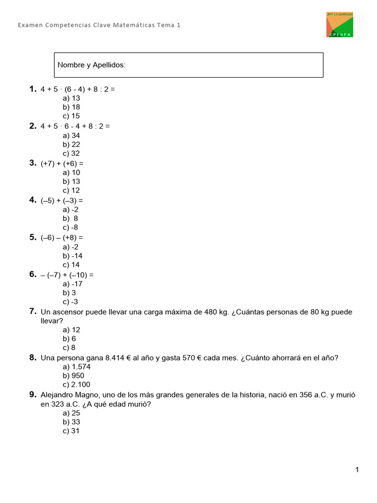Examen de Matemáticas: Competencias Clave | PDF
