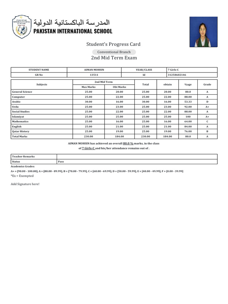 7th Grade Progress Card: Aiman Mohsin | PDF