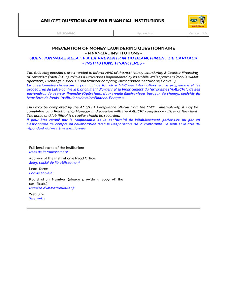 AML Questionnaire - Financial Institutions | PDF