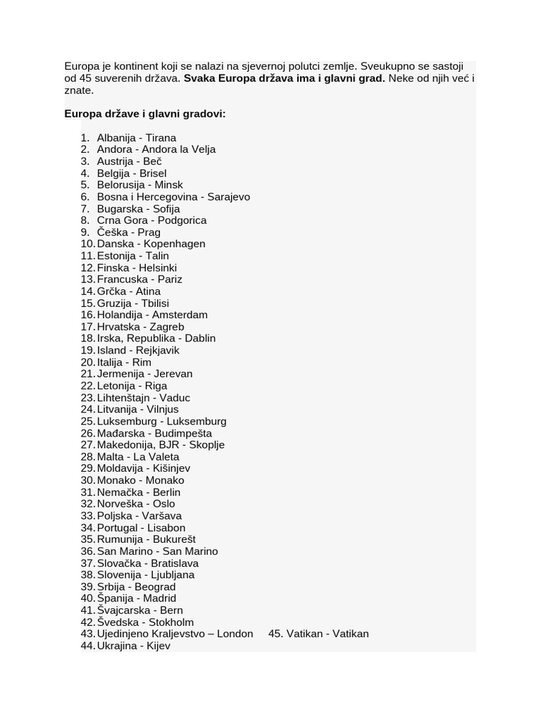 Europa - Glavni Gradovi | PDF