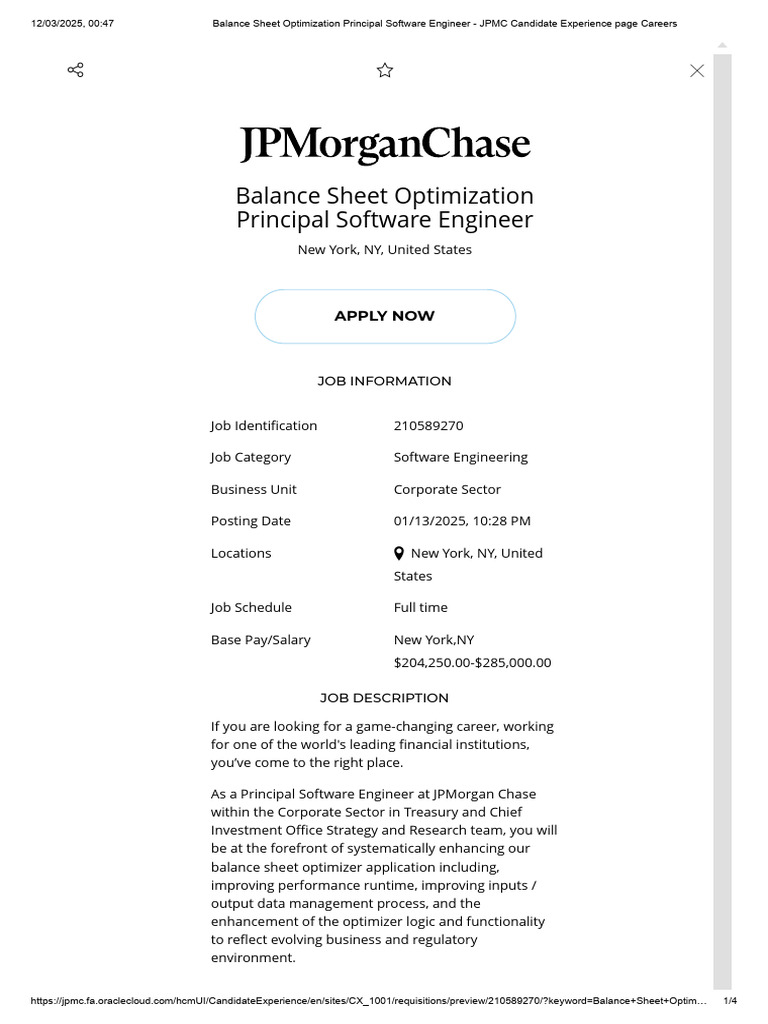 Balance Sheet Optimization Principal Software Engineer - JPMC Candidate ...