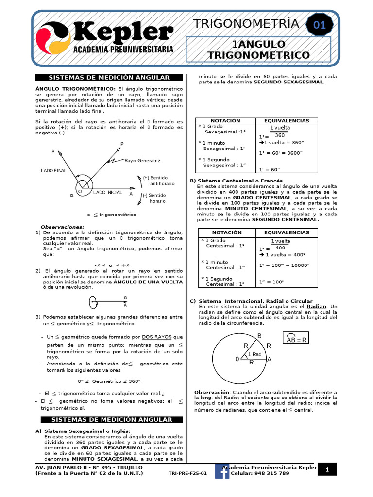 TRI-PRE-F25-01 (TP - 1er Compendio) Percy Torres - BCM | PDF | Trigonometría | Geometría Elemental