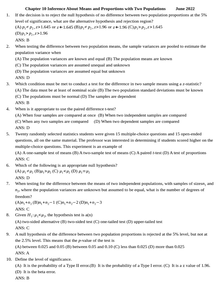 Chapter 10 Inference About Means and Proportions With Two Populations ...