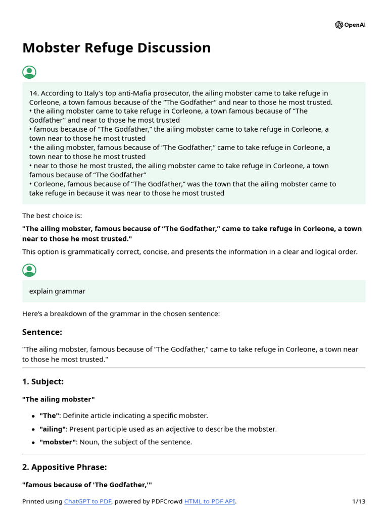 Mobster Refuge Discussion | PDF | Verb | Subject (Grammar)