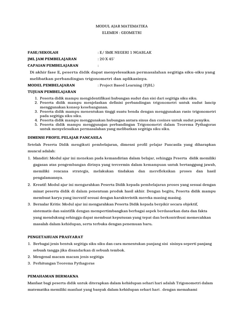 Modul Ajar Trigonometri Segitiga Siku-siku | PDF