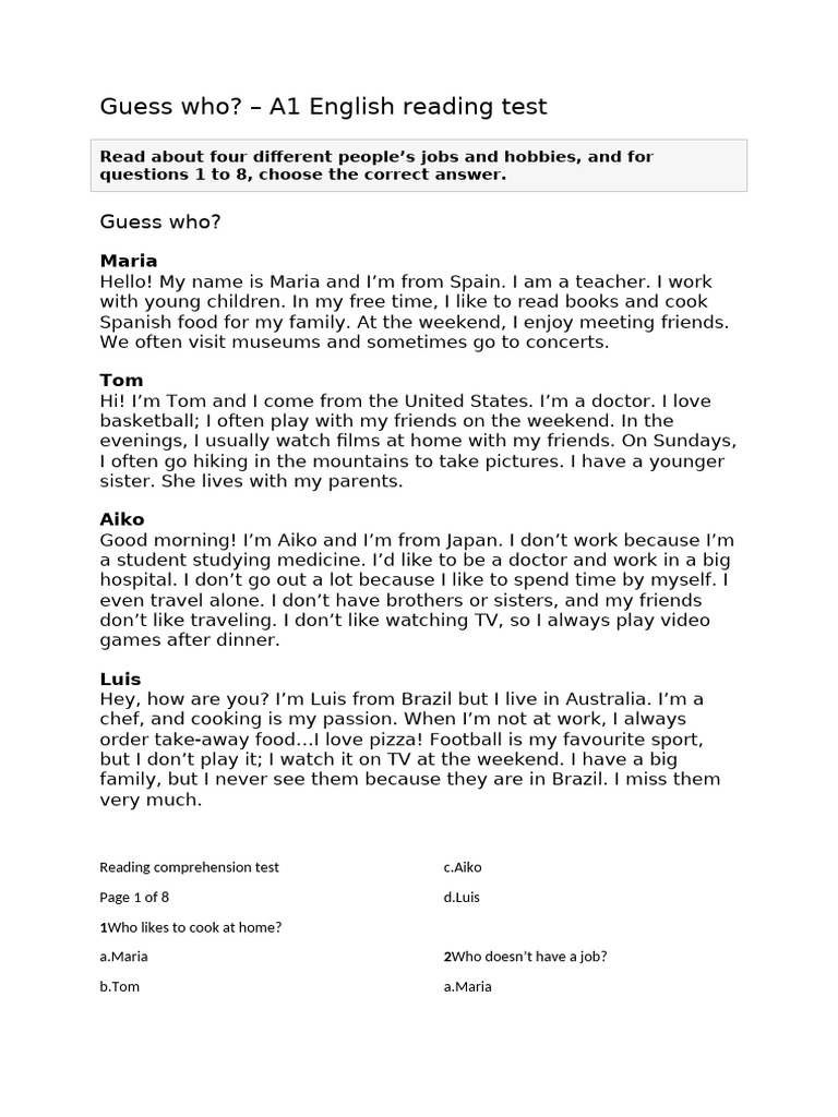 Guess Who - Reding Comprehension Lena | PDF