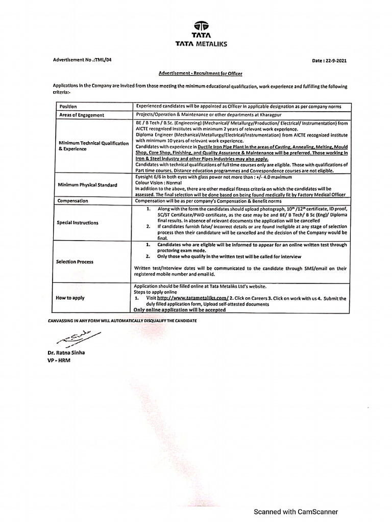 Tata METALIKS Requirements 2021 PDF | PDF