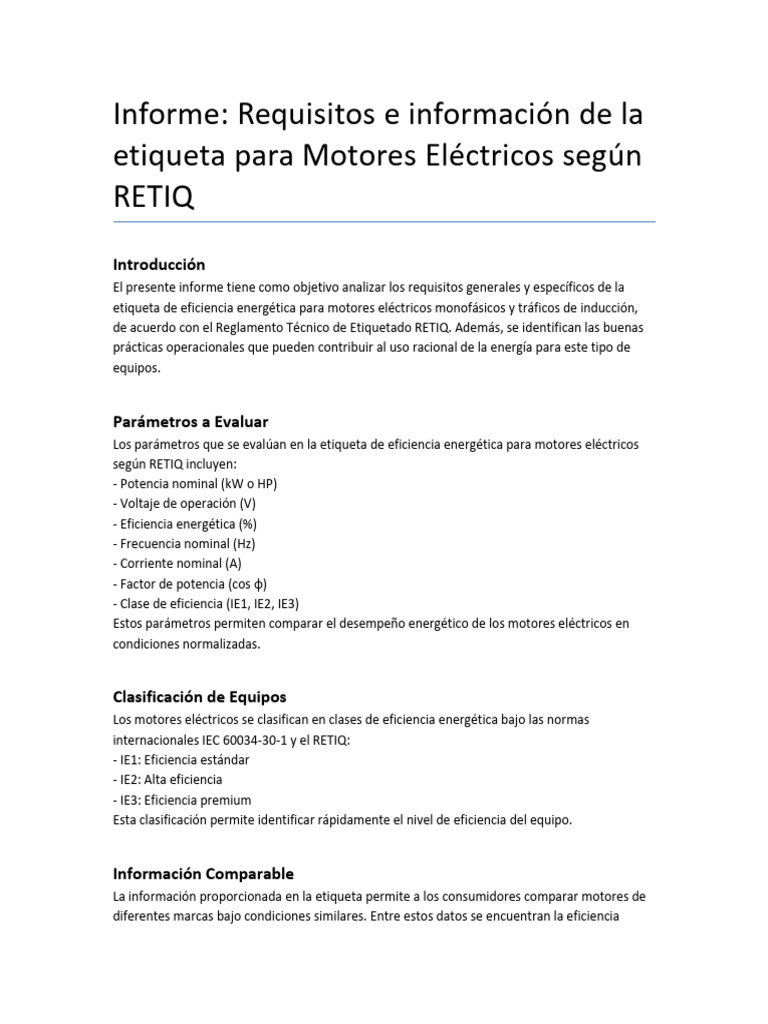 Informe RETIQ Motores Electricos | PDF | Uso eficiente de energía | Motores