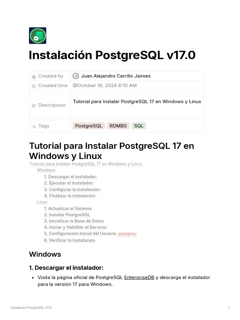 Instalacion PostgreSQL v17.0 | PDF | Postgre Sql | Microsoft Windows