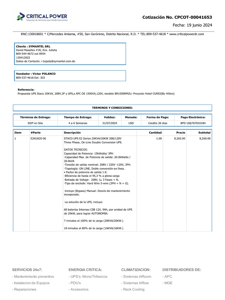 CPCOT-00041653.-Propuesta UPS Staco 20KVA, 208V, 3F y UPS, S APC DE ...