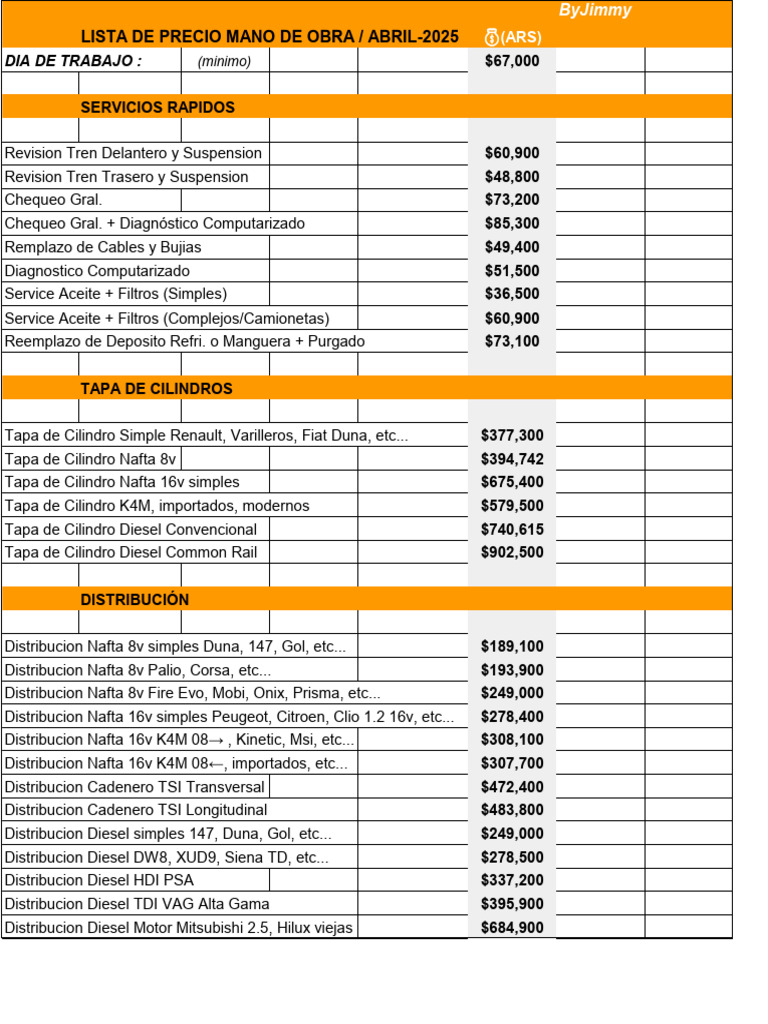 Cool Lista De Precios De Mano De Obra De Taller Mecanico Images