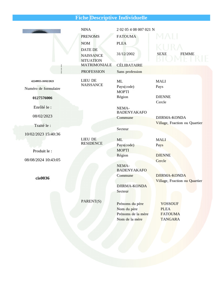 Fiche Individuelle de Fatouma 2023 | PDF