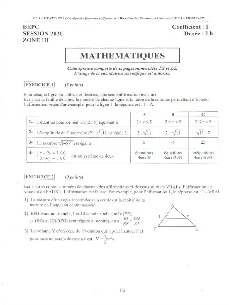 Rci Bepc 2020 Maths Zone 3 | PDF