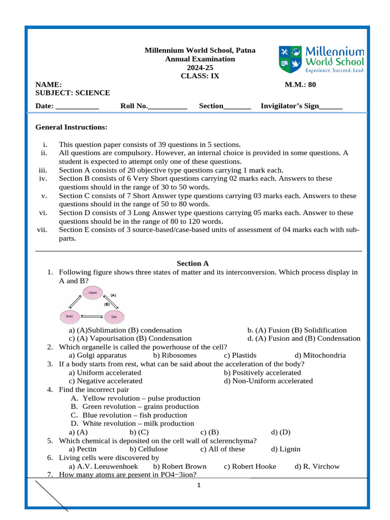 2024 Class IX Science Question Paper | PDF | Tissue (Biology) | Force
