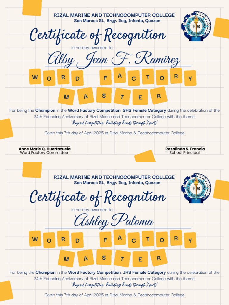 Beige Yellow Scrabble Master Certificate in Scrapbook Style | PDF