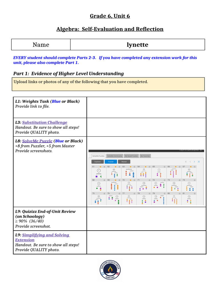 G6 Algebra - Self-Evaluation and Reflection | PDF | Cognition | Learning