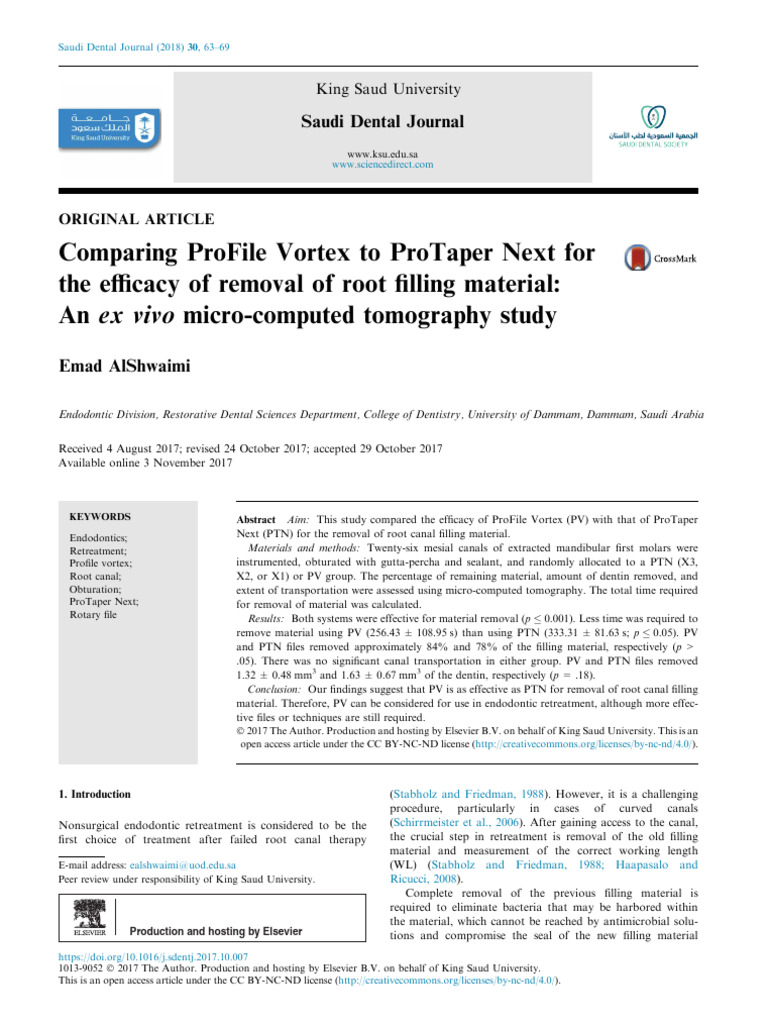 Comparing ProFile Vortex To ProTaper Next For The Efficacy o 2018 The ...