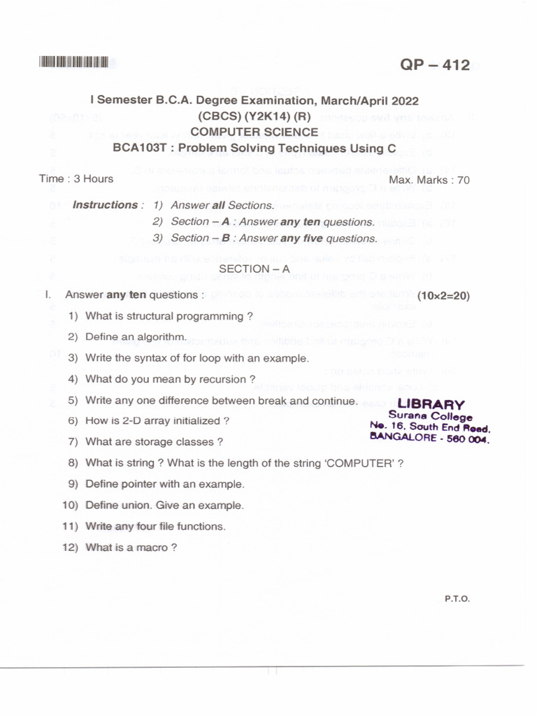 2022 March April BCA 1st Sem. Compter Science-Using C QP-412 | PDF