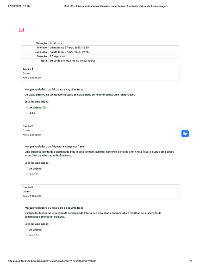 Mód. 03 - Atividade Avaliativa - Revisão Da Tentativa - Ambiente Virtual de Aprendizagem | PDF ...