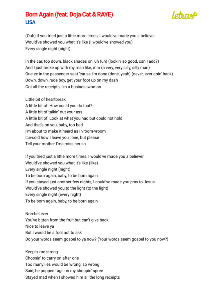 BORN AGAIN (FEAT. DOJA CAT & RAYE) - LISA (Print) | PDF