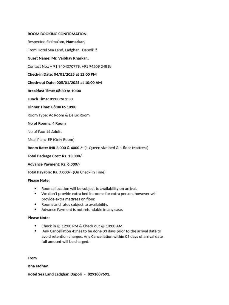 ROOM BOOKING CONFIRMATION | PDF