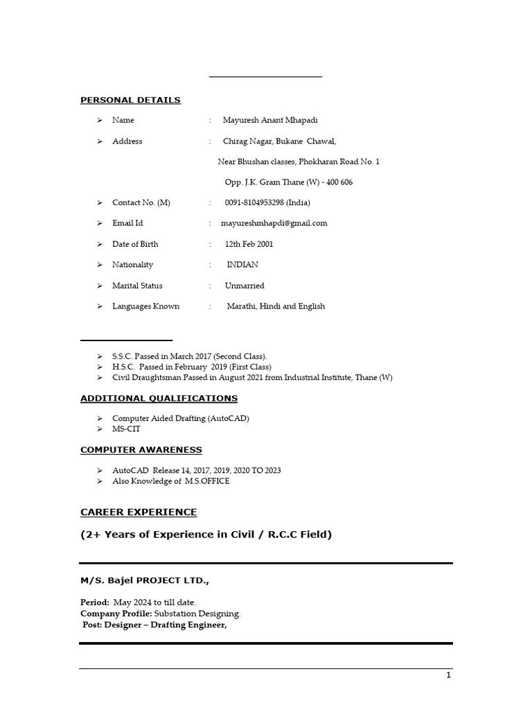 Civil Draughtsman CV - Mayuresh Mhapadi | PDF