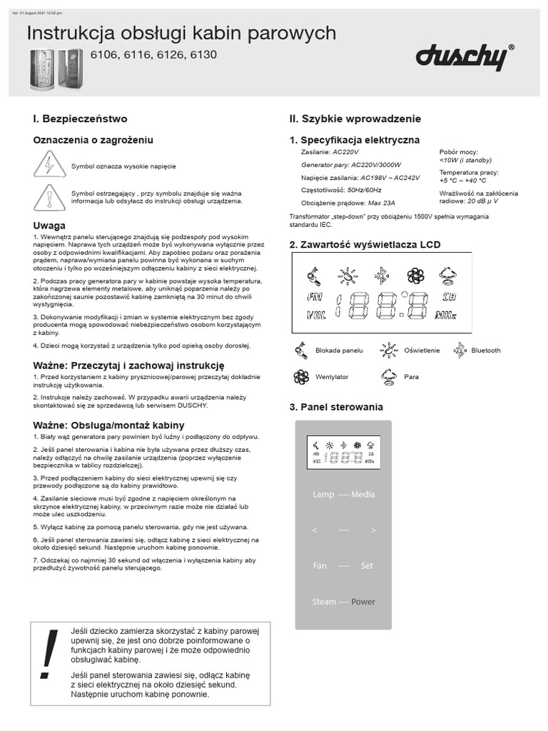 Steam Cabins DUSCHY 6106, 6116, 6126, 6130 Control Panel Manual POL ...