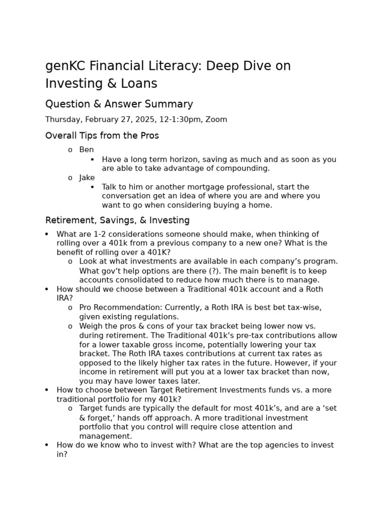 genKC Financial Literacy - Q&A Summary | PDF | 401(K) | Mortgages