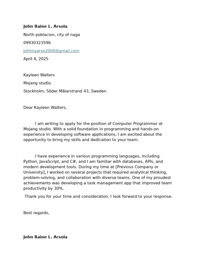 Job Application for Computer Programmer | PDF