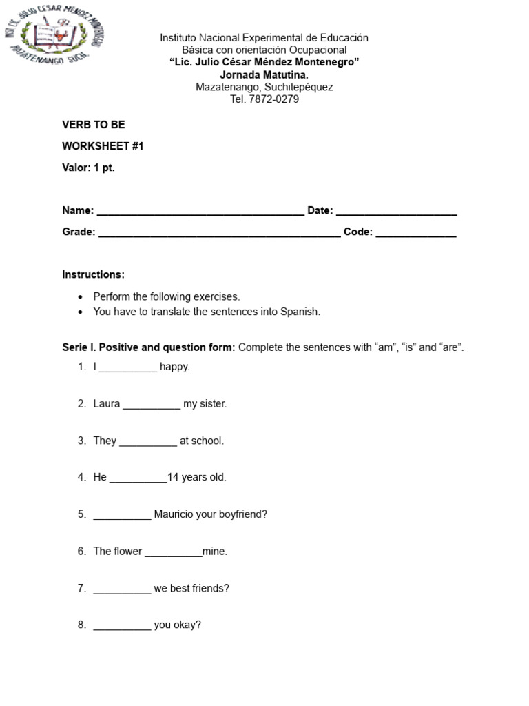 VERB TO BE WORKSHEET | PDF