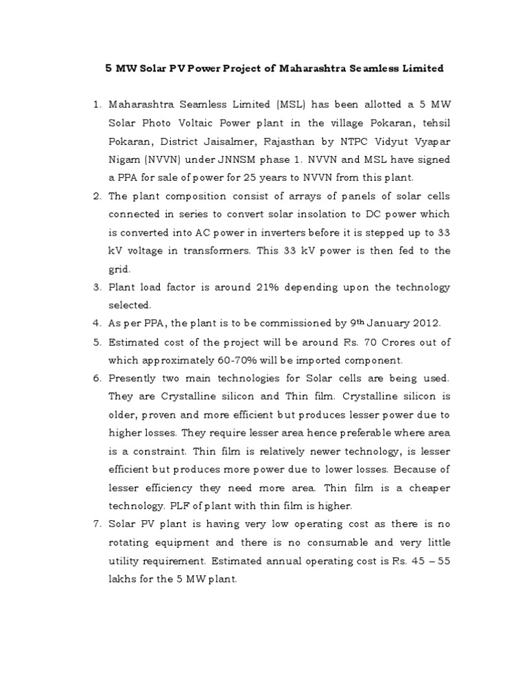 5 MW Solar Power Project Overview | PDF | Technology & Engineering