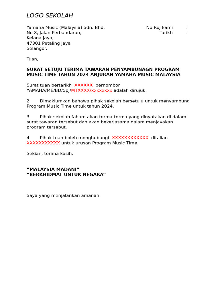 Contoh Surat Penerimaan Program Music Time Tahun 2024 | PDF
