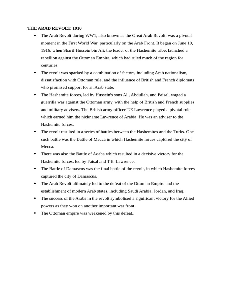 Arab Revolt of 1916: Key Events and Impact | PDF